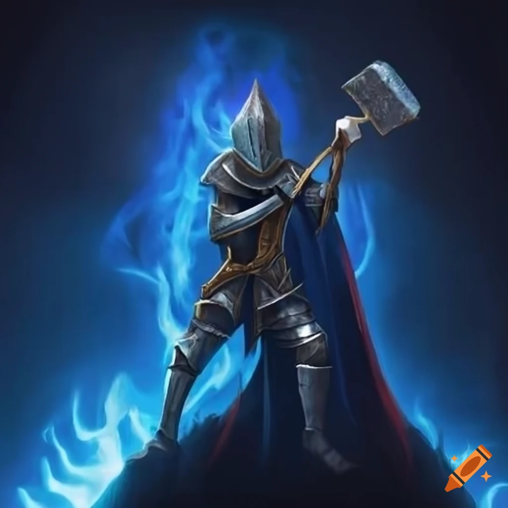 Phantom knight with a hammer surrounded by blue fire on Craiyon
