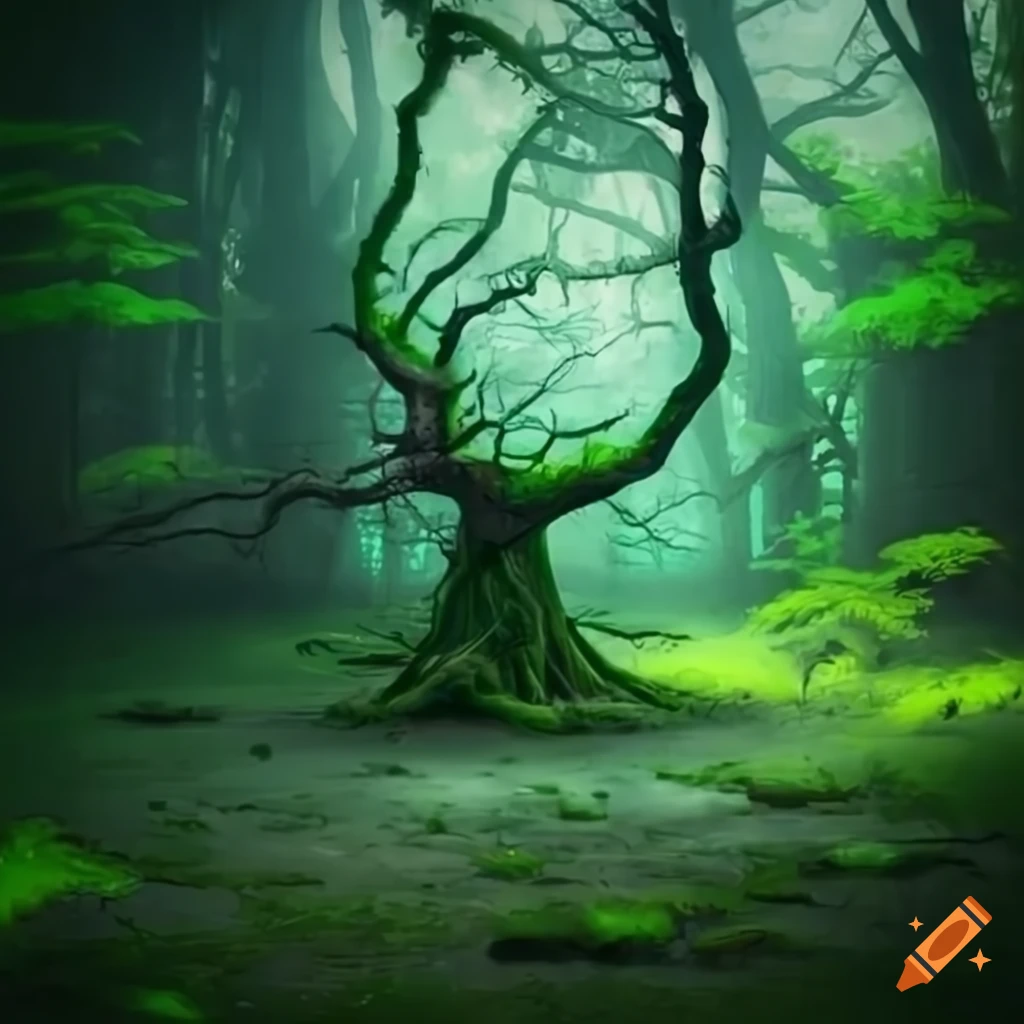 Create a photo of an old, diseased magic tree in a green magic forest