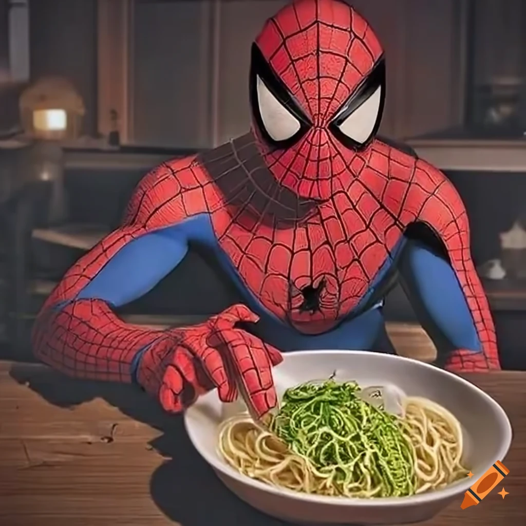 Spiderman eat a big bowl of noodle on Craiyon
