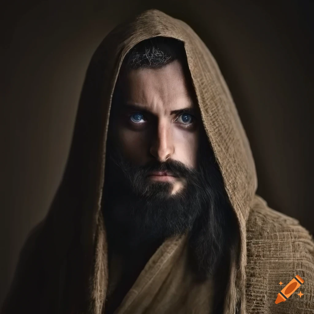 Handsome medieval man with long black hair and a short beard and blue ...