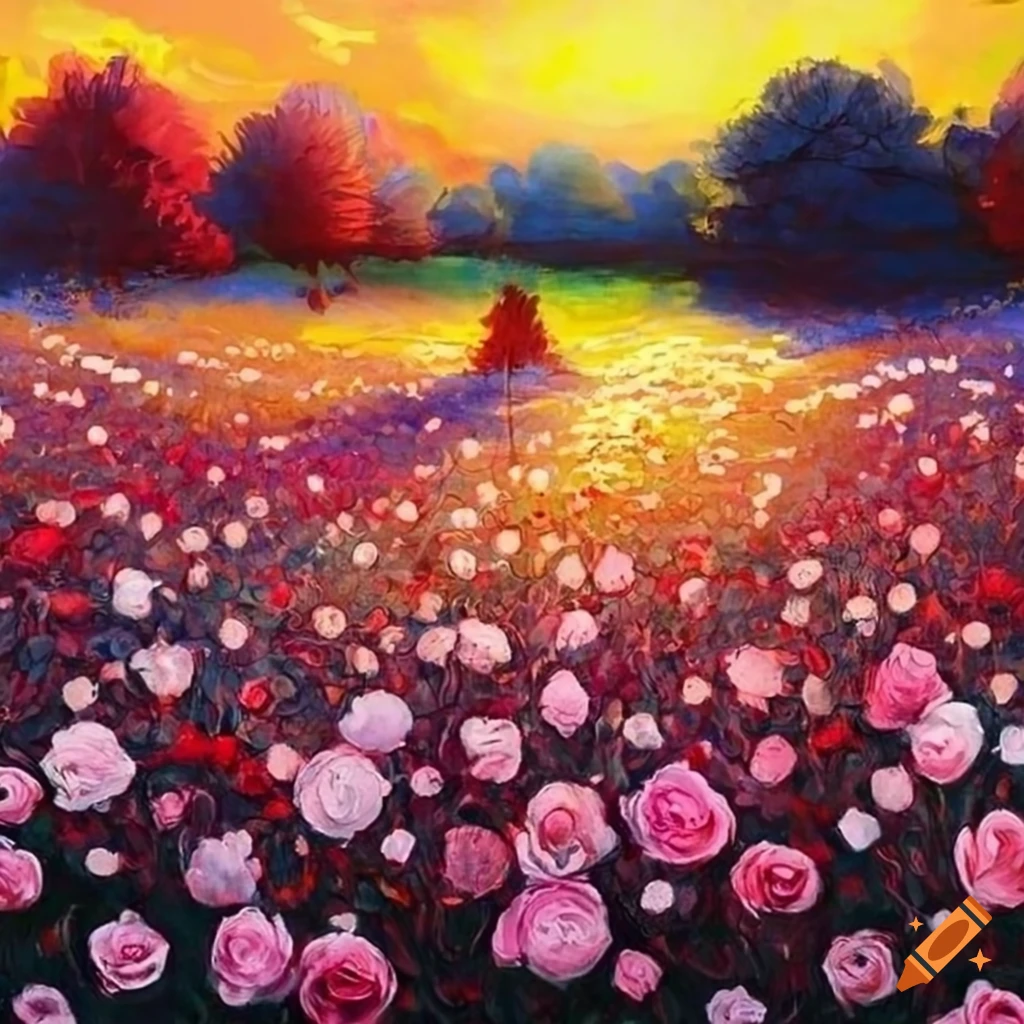 Detailed artwork of sunlit rose field, serene and beautiful on Craiyon
