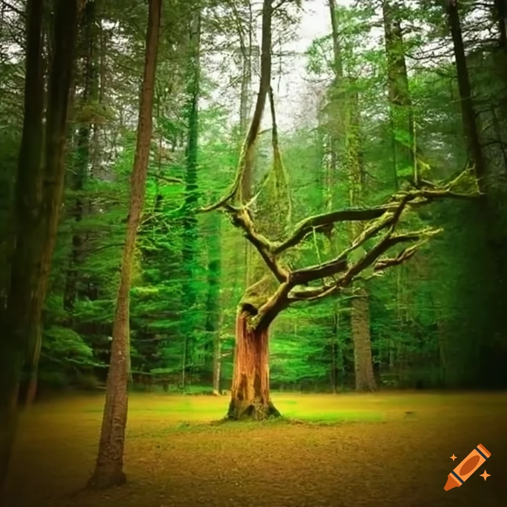 A unique tree standing out among the surrounding forest