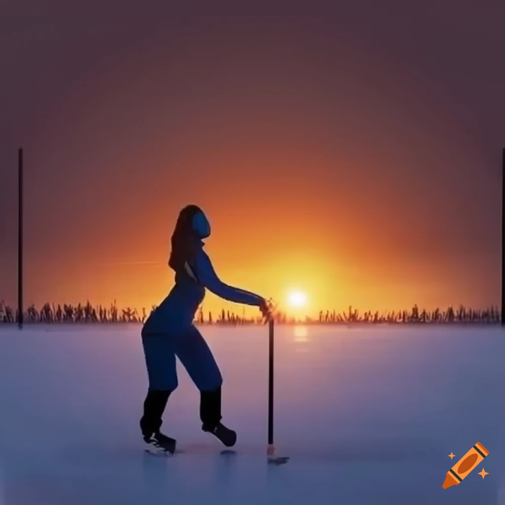 Dramatic illustration of a ringette player at sunset on Craiyon