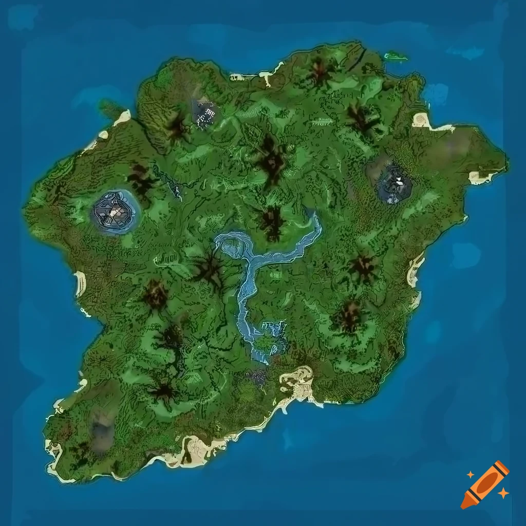 Top-down map of a whole island with diverse terrain, dark jungle colors ...