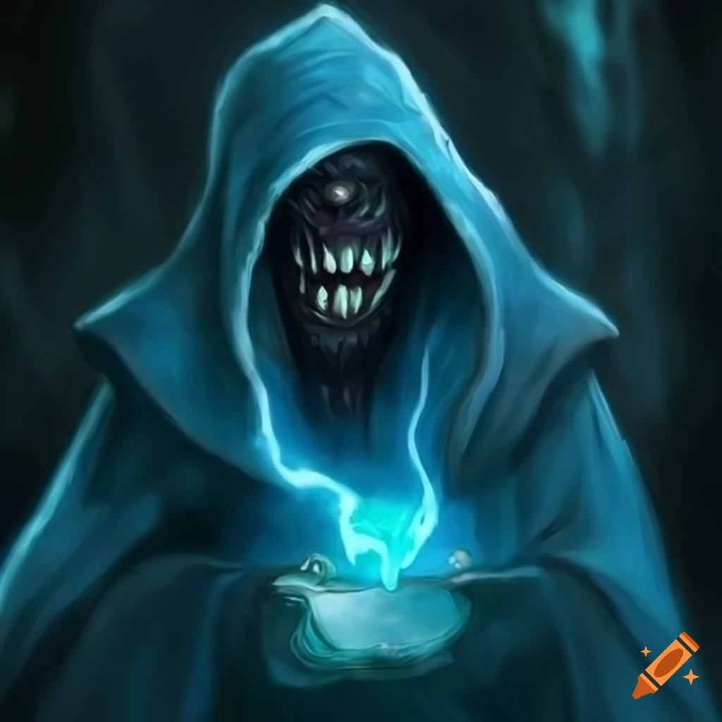 Evil laughing hooded mage cyan magic fantasy art on Craiyon