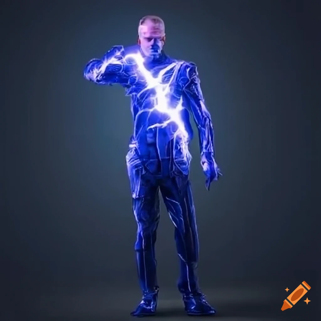 A man wearing a suit made out of lightning. Full-Length on Craiyon