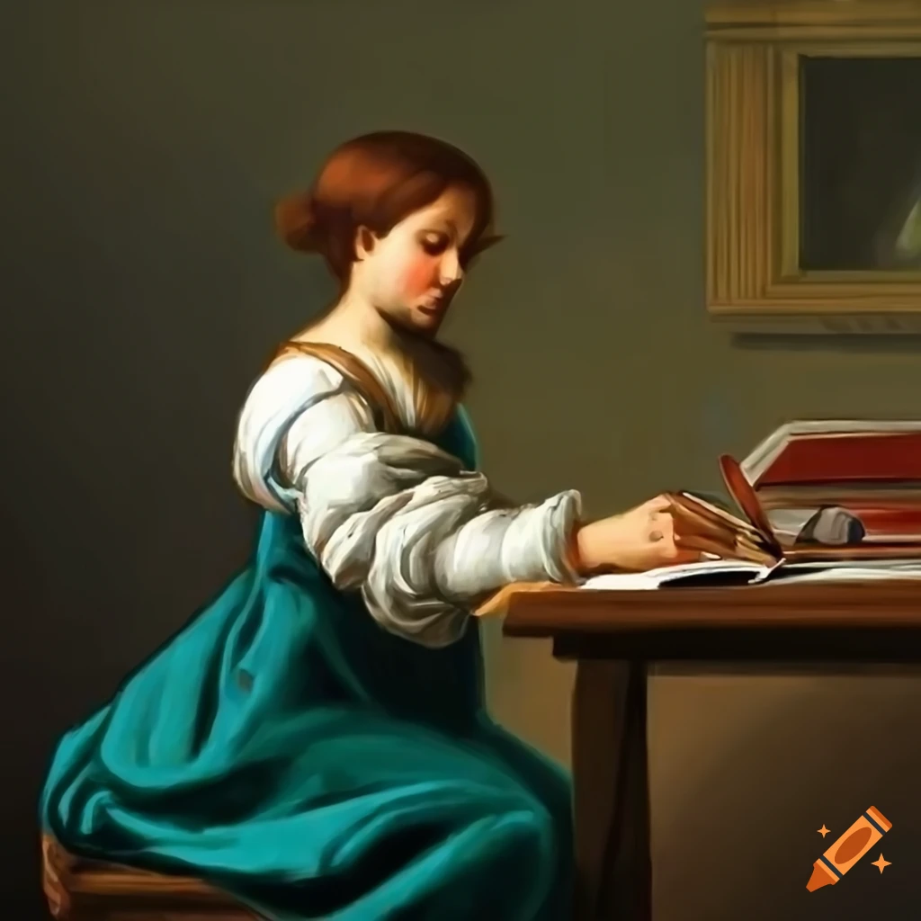 Renaissance painting of a student taking an English language exam ...