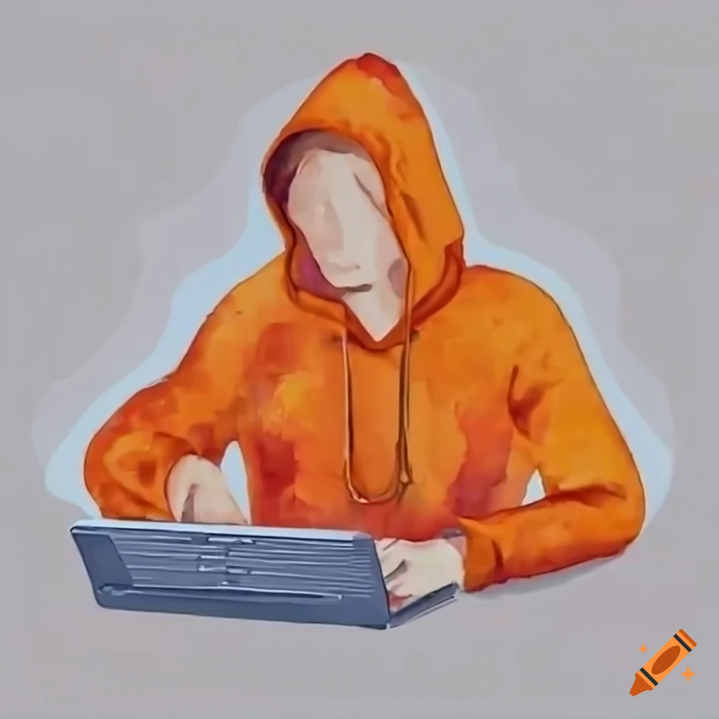 Person in an orange hoodie working on a laptop in dim lighting