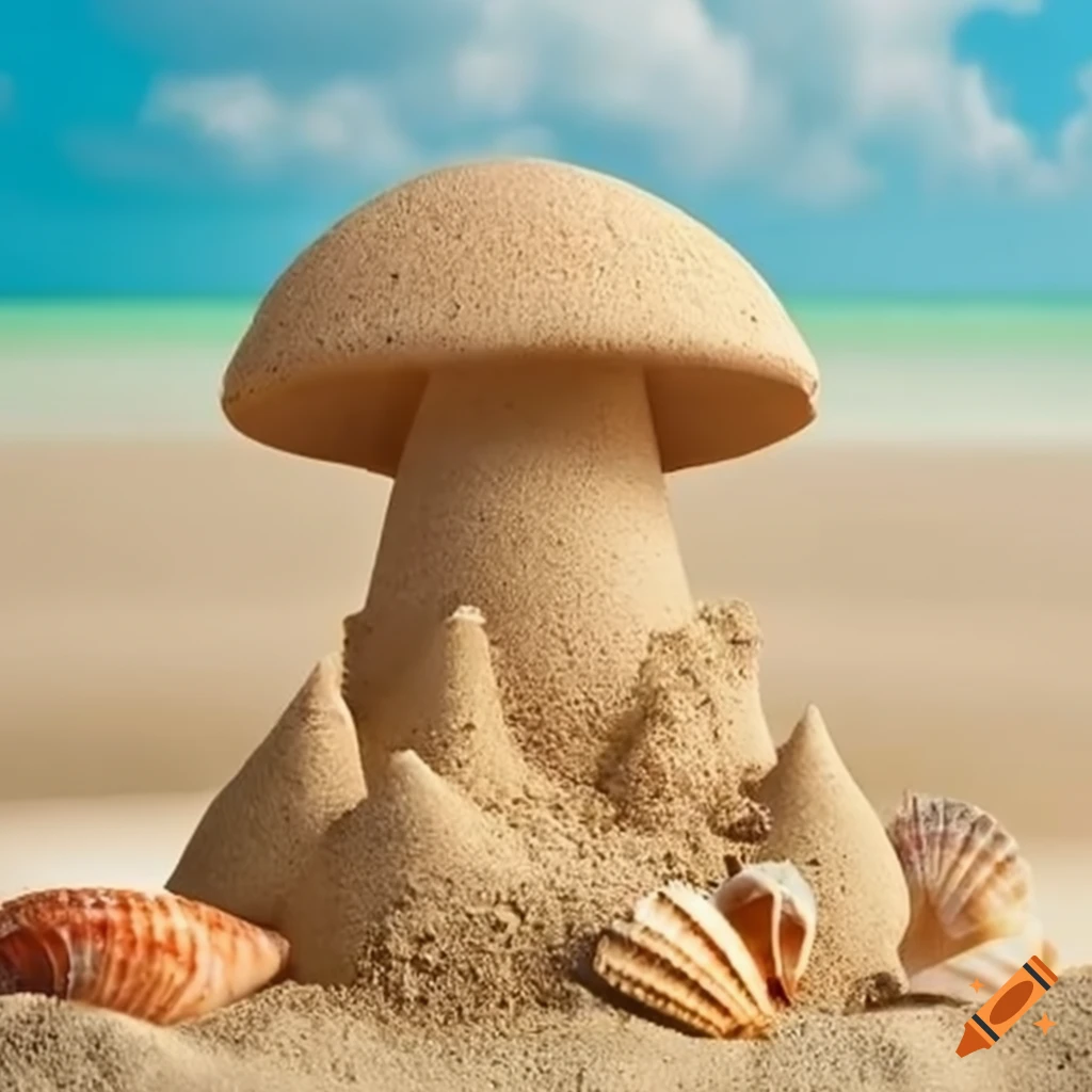 Beige sand castle in mushroom shape and shells on sand beach