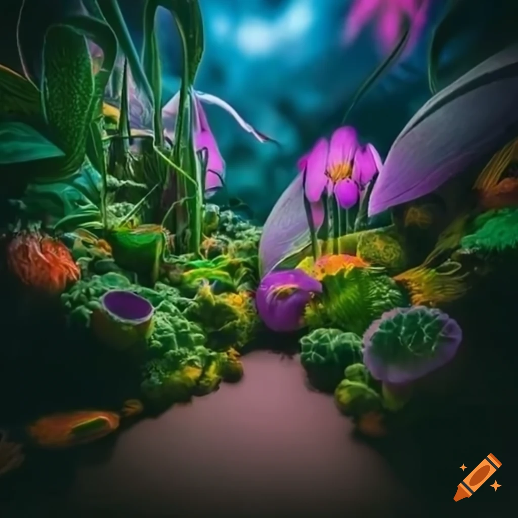 A vibrant alien landscape with unique plants, flowers, and futuristic ...