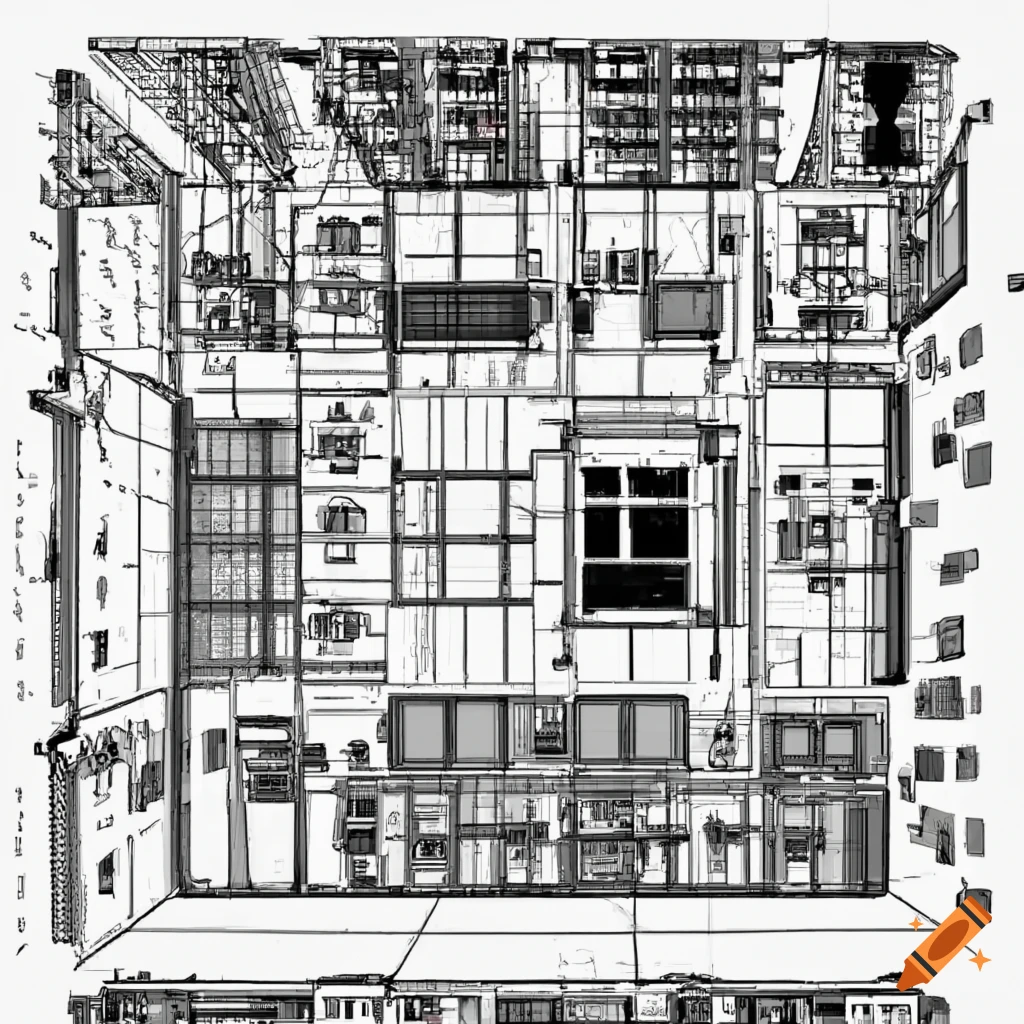 Bird's-eye view of warehouse layout with labeled areas and color-coded ...