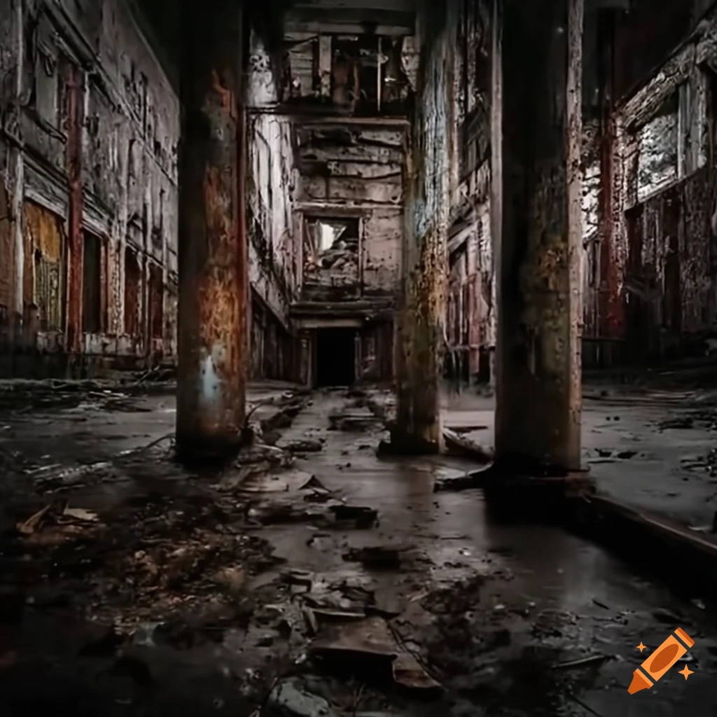 Abandoned factory eerie with puddles of water scattered around and ...