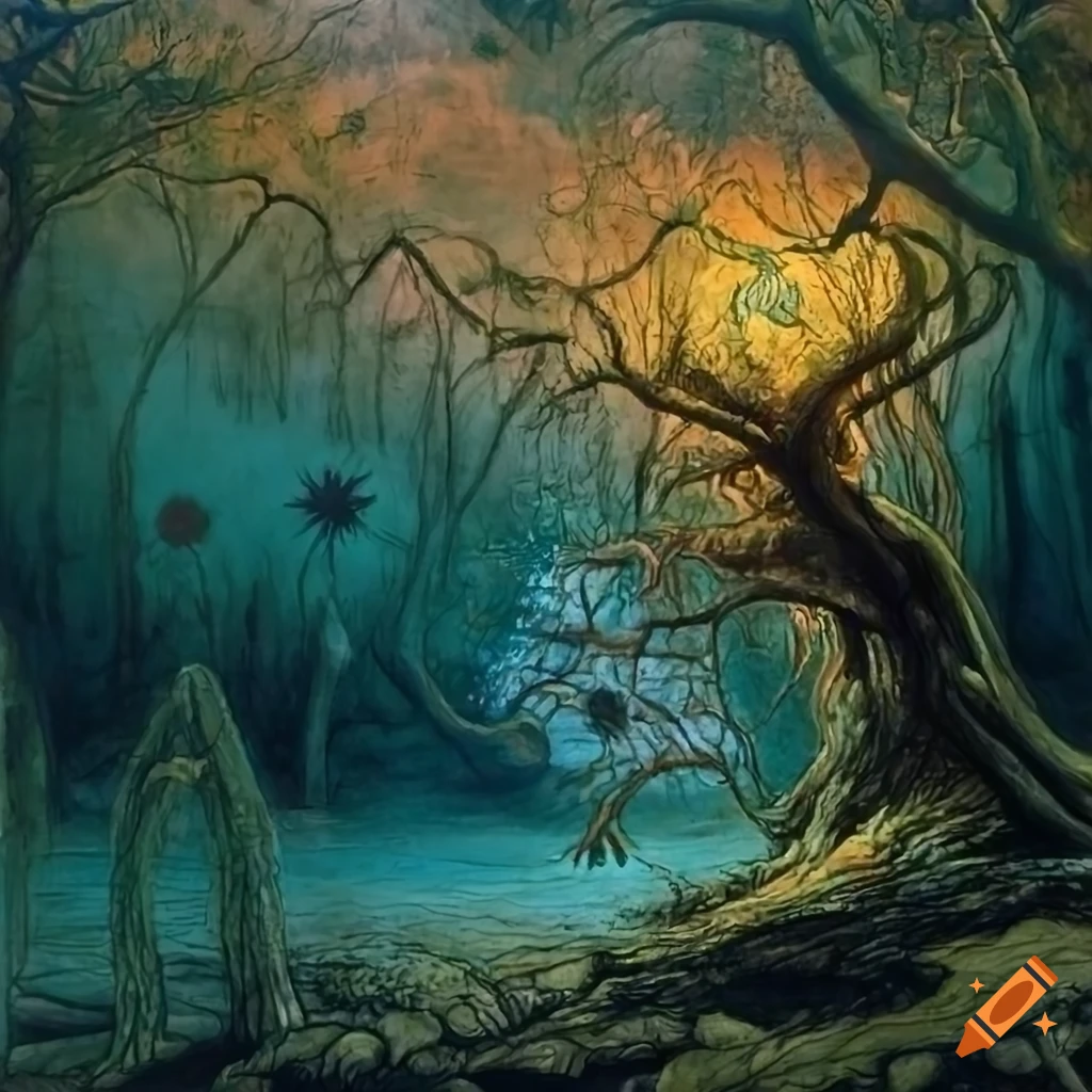 Mystic forest. Ethereal landscape. Runes and mystic symbols painted on ...