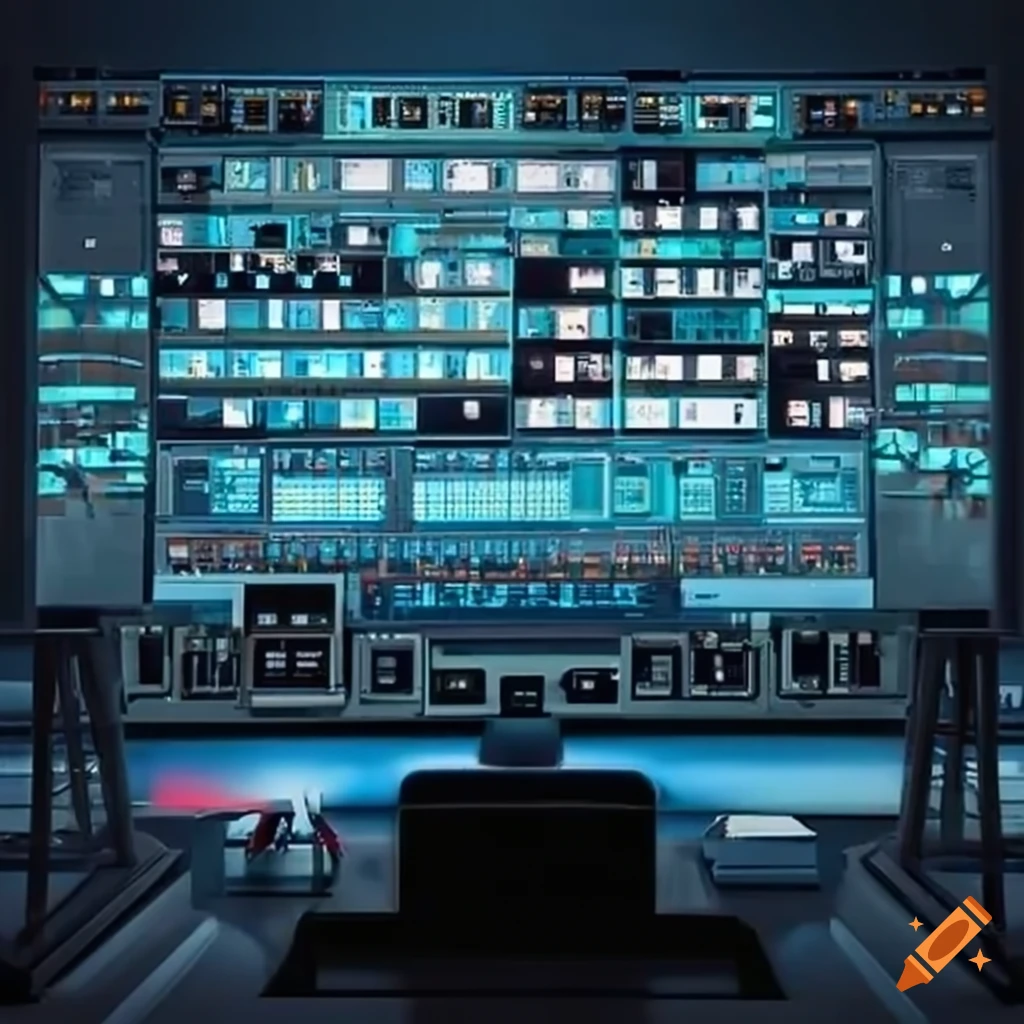 A high-tech control room with 100 computers on wall and desk