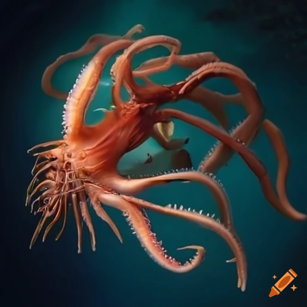 A mysterious deep-sea creature with tentacles and crab like appendages on Craiyon
