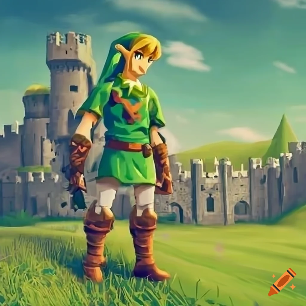 Link from the legend of zelda, standing on a field of grass, in front ...