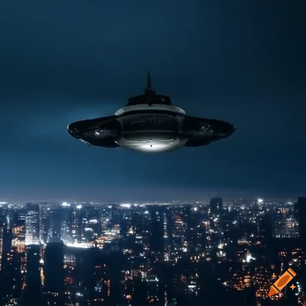 Alien space ship ufo flying over urban area