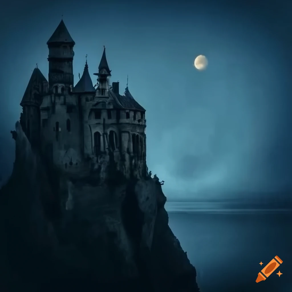 Castle on a sharp cliff dark gothic very tall baroque building with ...