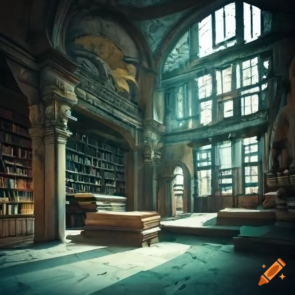Interior of a ruin library on Craiyon