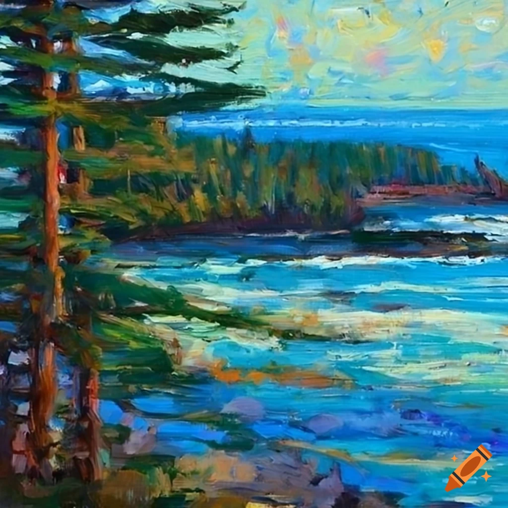 Impressionist painting coastline maine pine trees