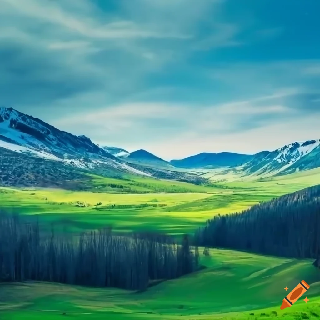A green valley under a blue sky landscape and a snowy mountain on the ...