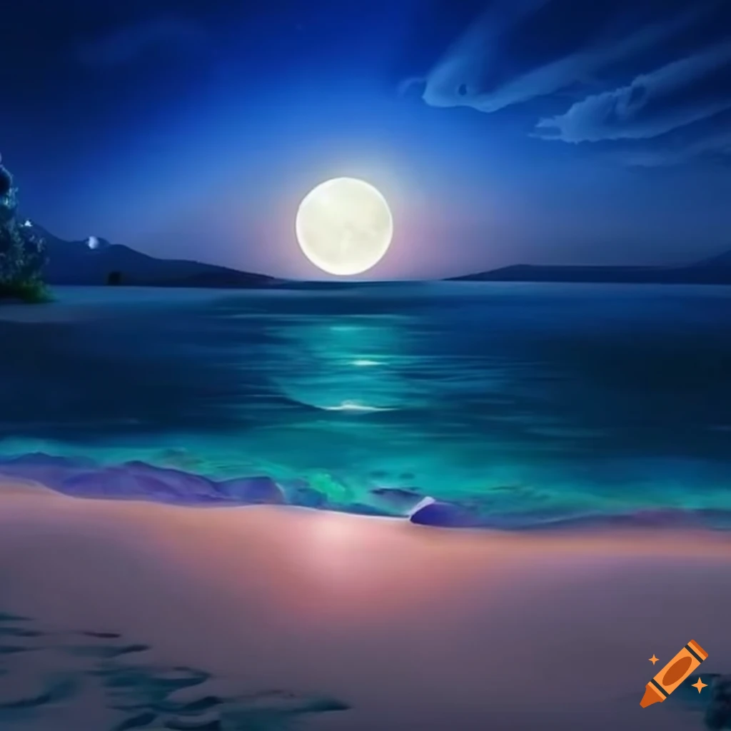 A tranquil hyper realistic beach shimmering under the moonlight with glowing crystals on Craiyon