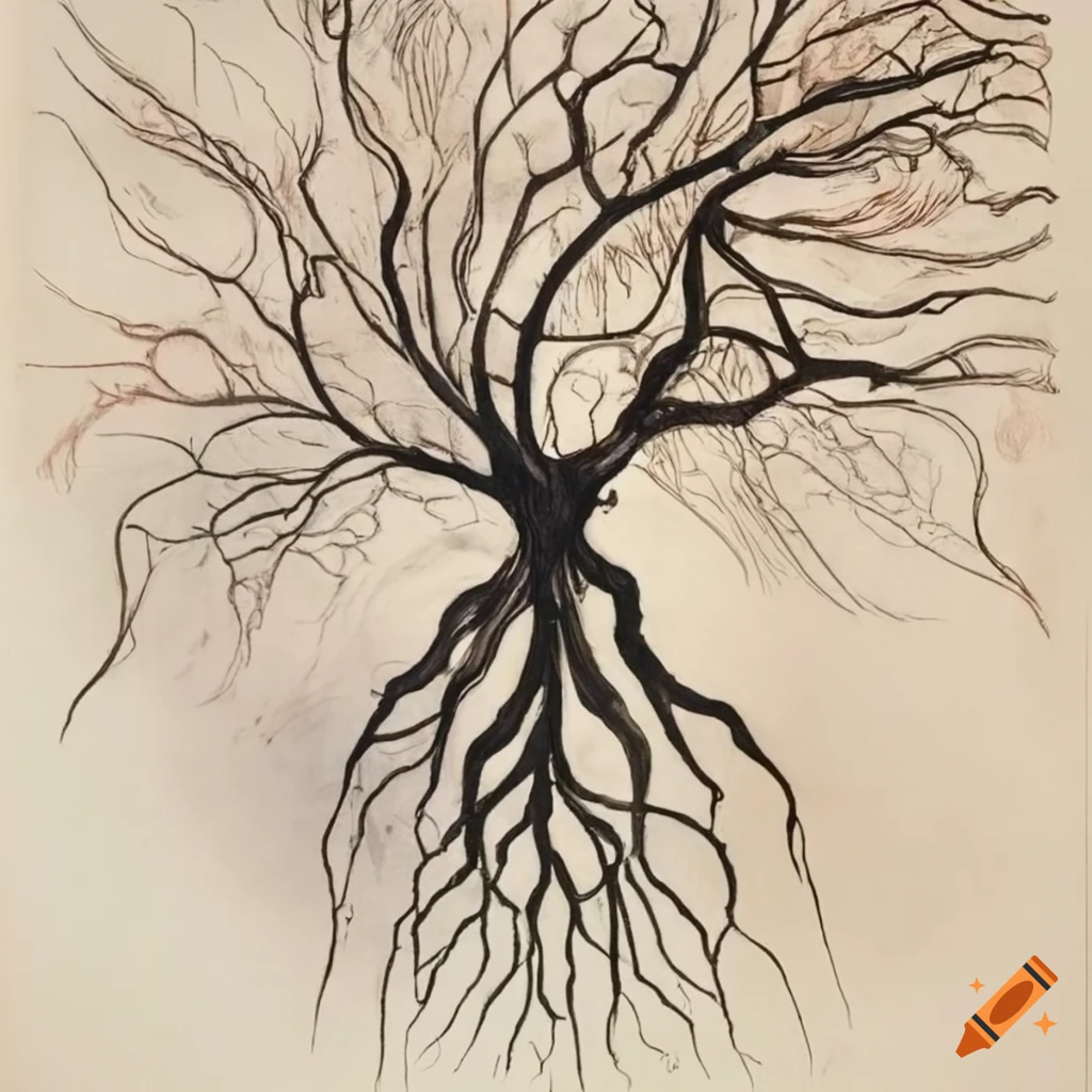 Vintage handmade ink illustration of tree roots, by artist Yoshitaka ...
