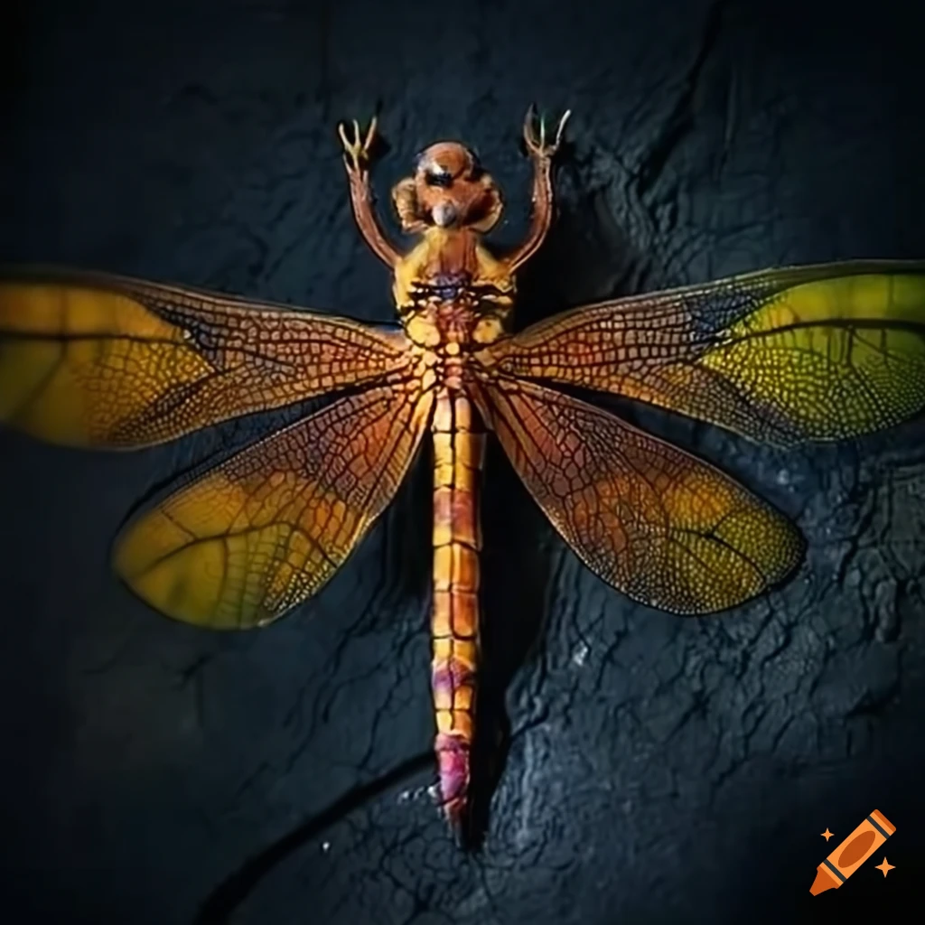 A mystical creature with dragonfly-like wings and lizard-like body