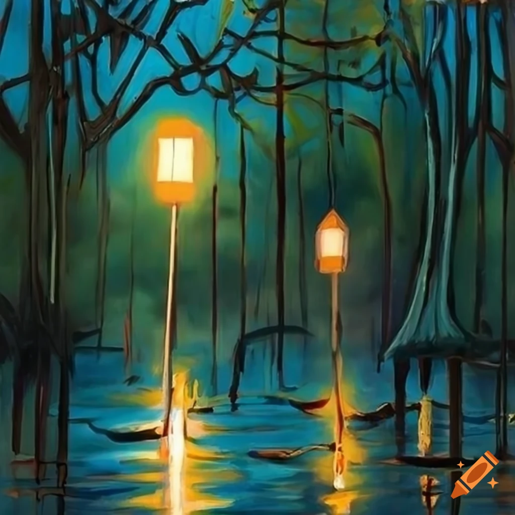 Painting parc lake swamp canot street lamps totems modern sculptures