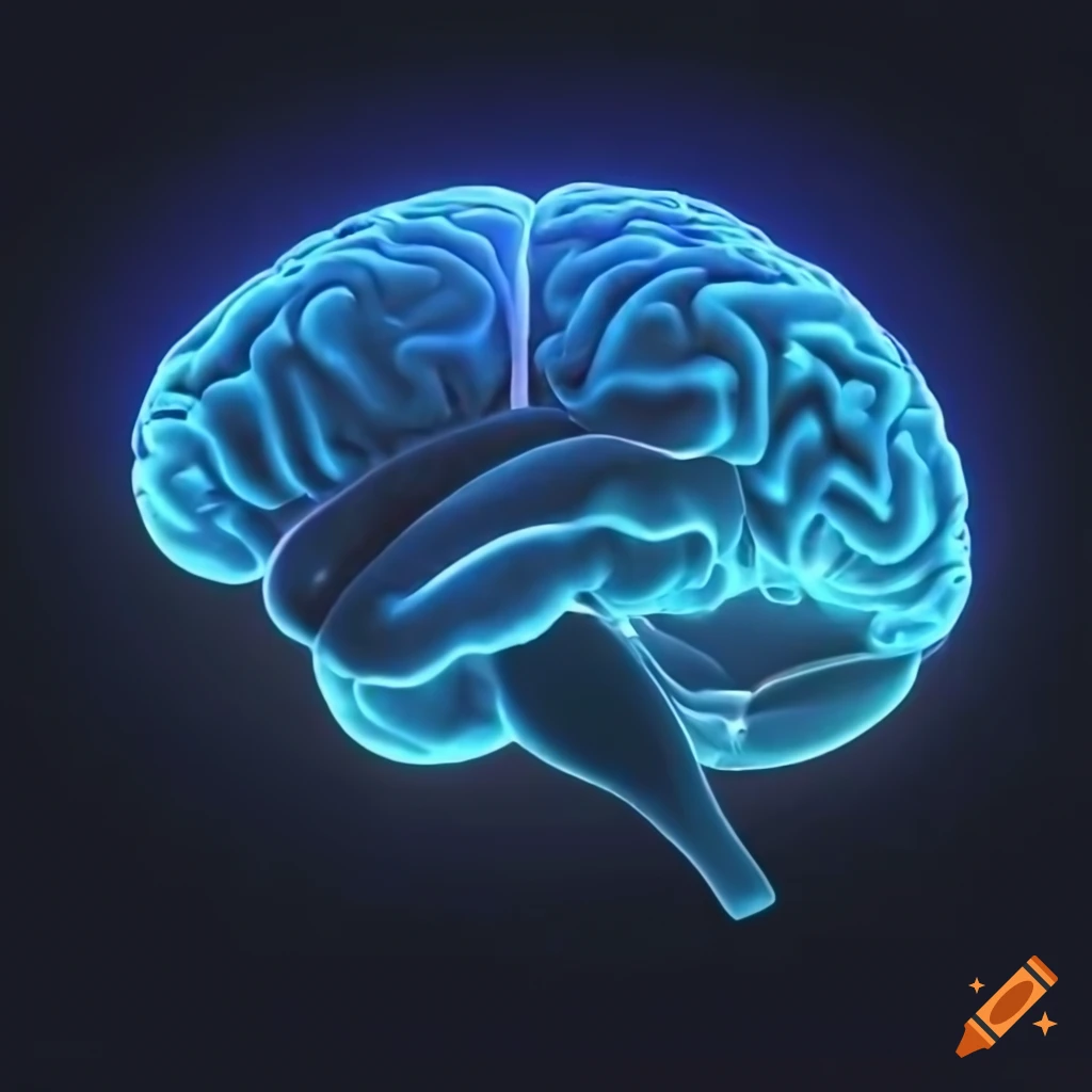 Brain lobes with neon blue glowing in a dark, starry sky
