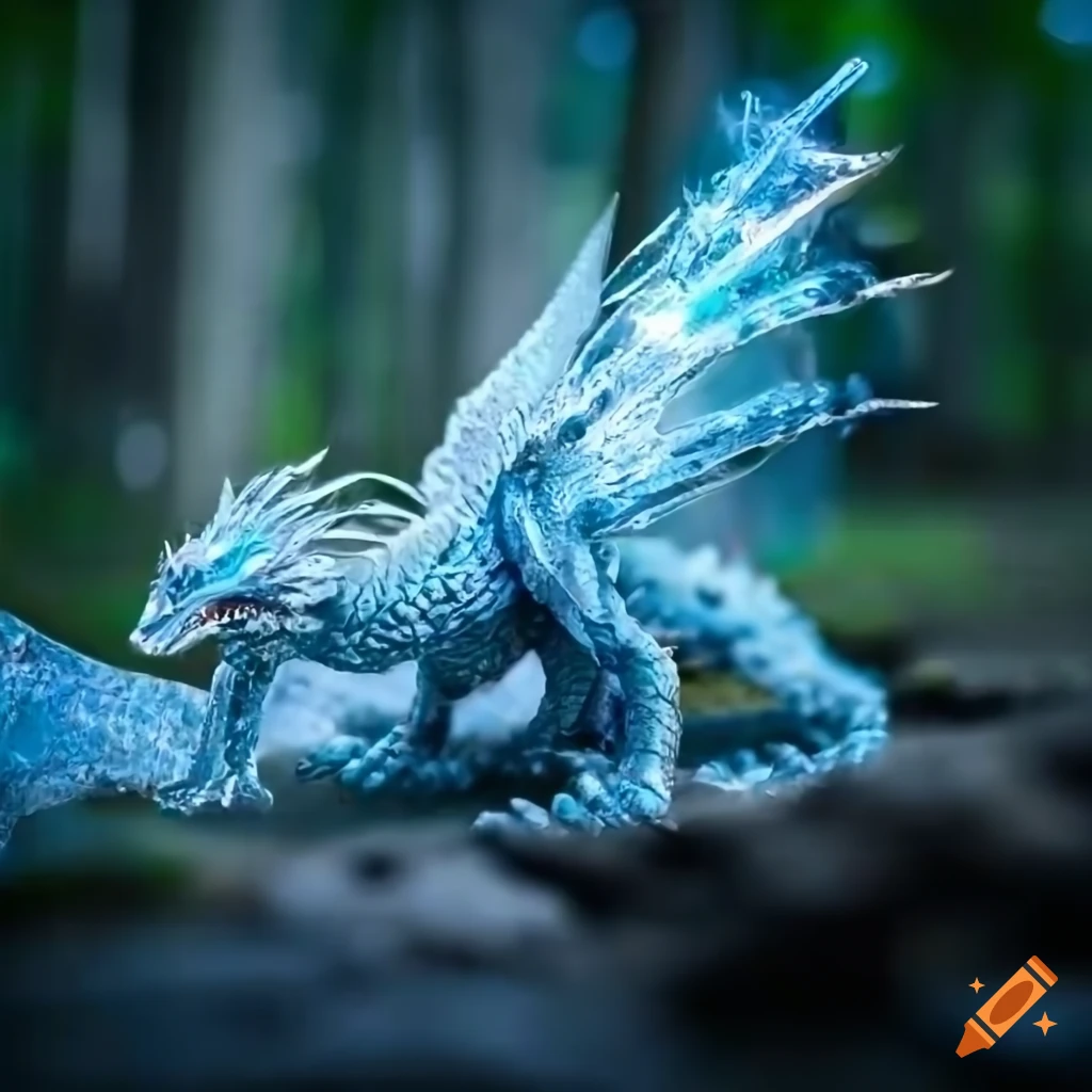 Ice dragon made of fire. forest landscape