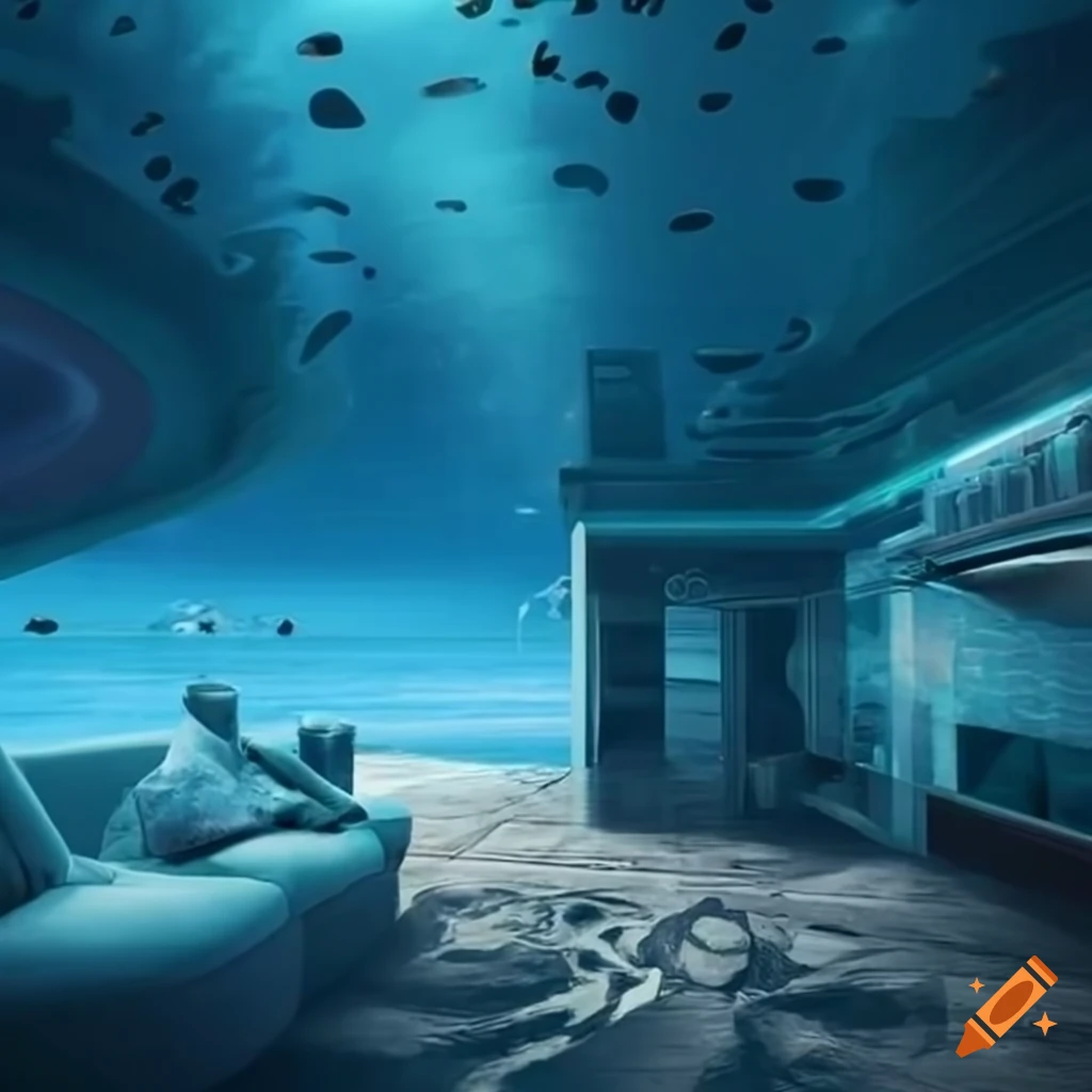 Cozy futuristic living room under the ocean with two seated aliens