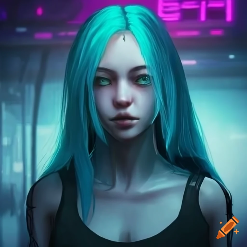 Girl with long cyan hair in cyberpunk world