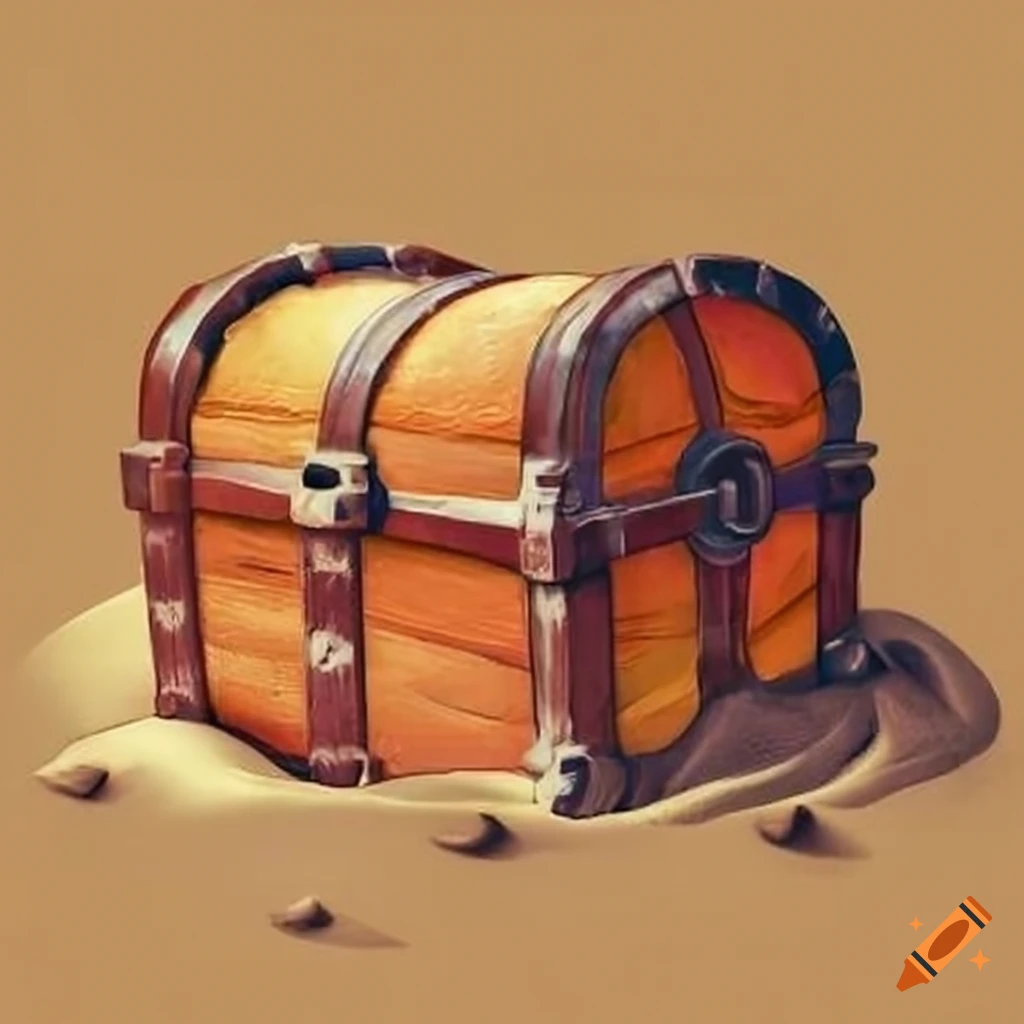 A big old orange chest on sand