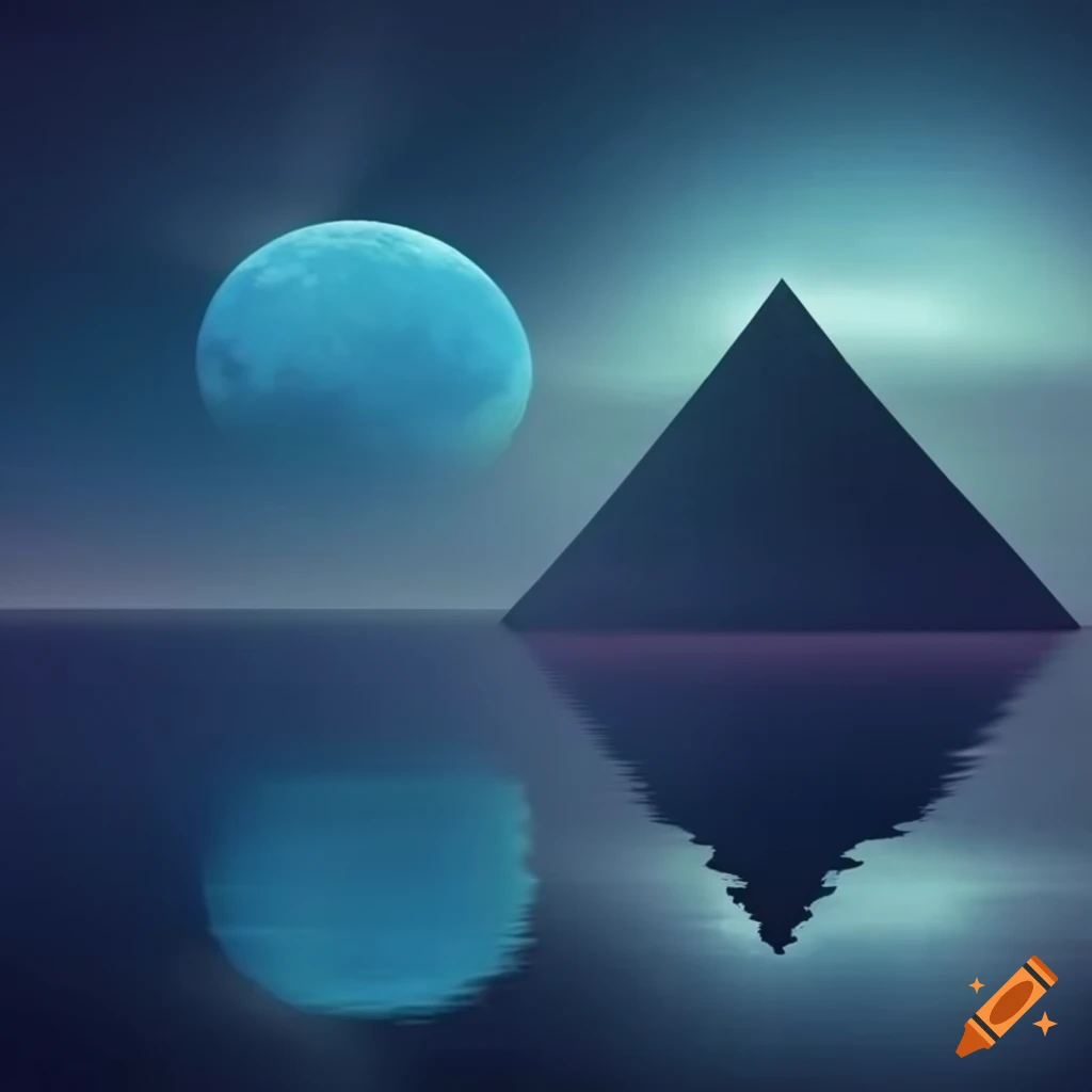 Digital art of a pyramid and moon reflected in water