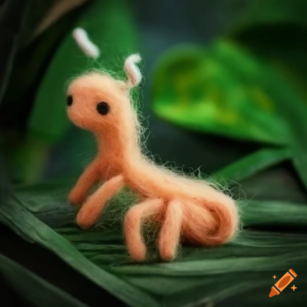 Felted wool creatures lurking in the jungle with tropical foliage