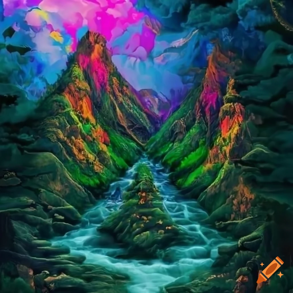 Psychedelic mountain landscape of the battle at gardens gate