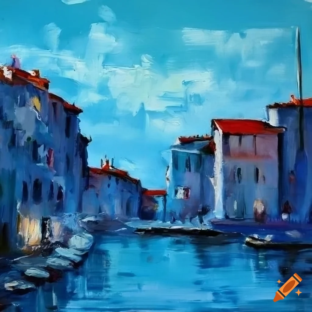 Painting of an idyllic italian town, acrylic, abstract, blue on Craiyon