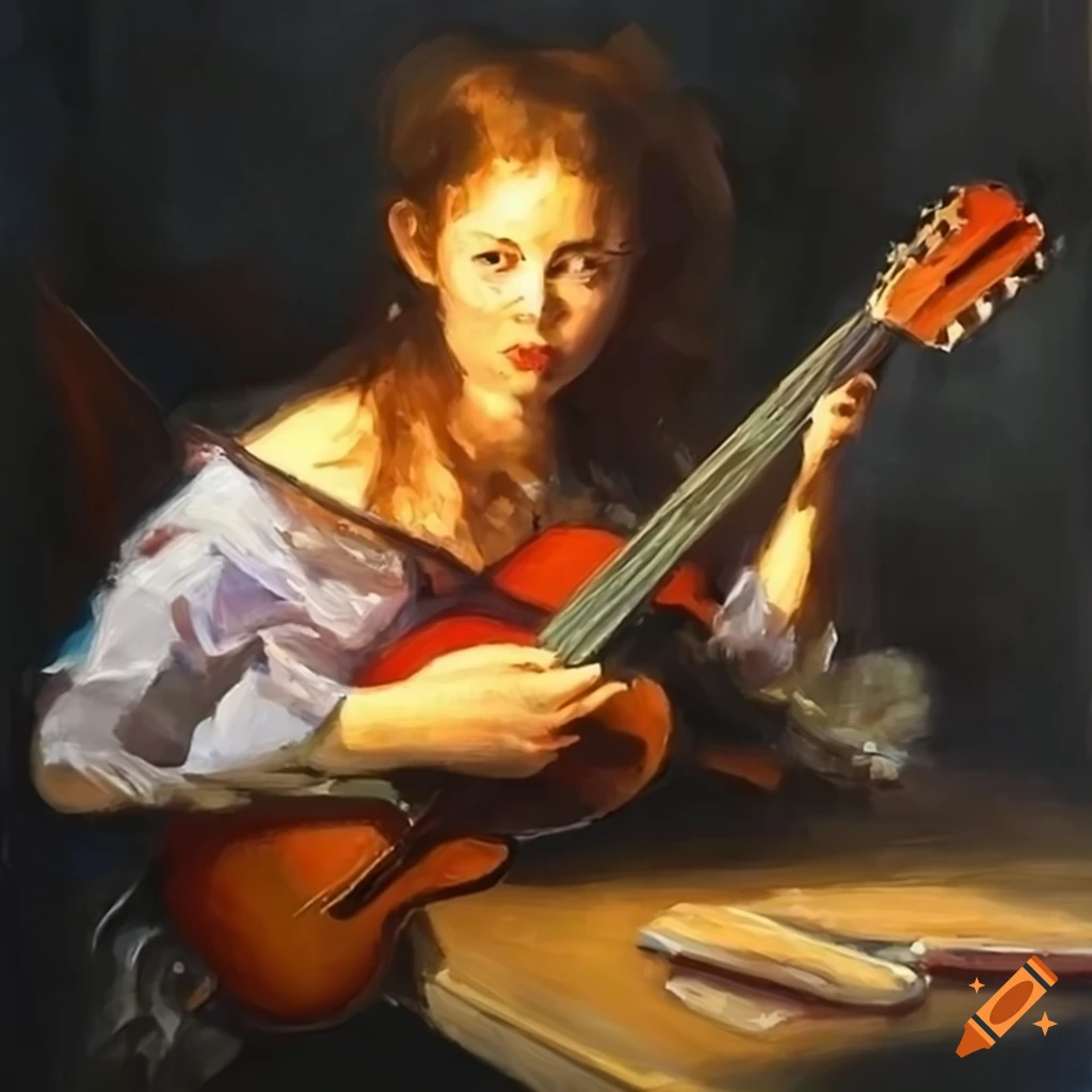 Impressionist painting learning the guitar on Craiyon