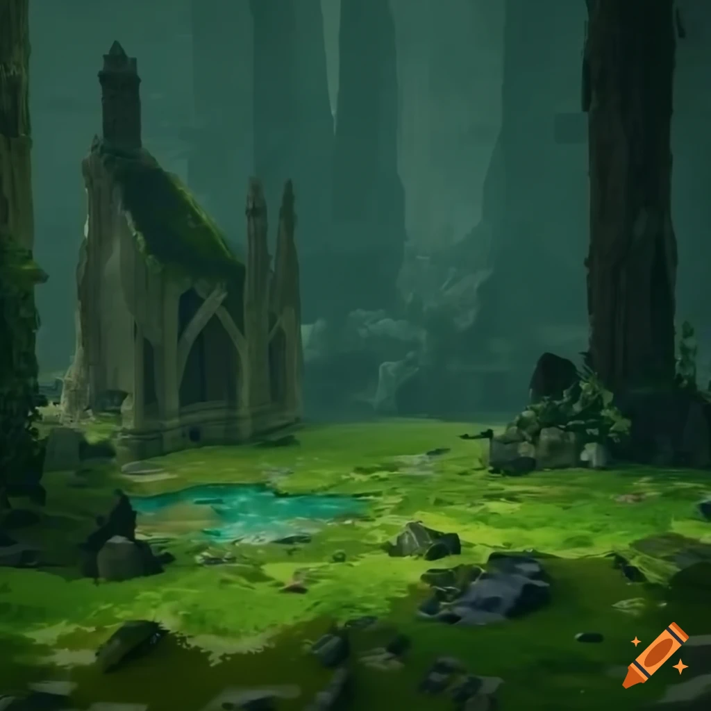 A moss-covered stone ruins in a fantasy RPG game forest fantasy grass ...