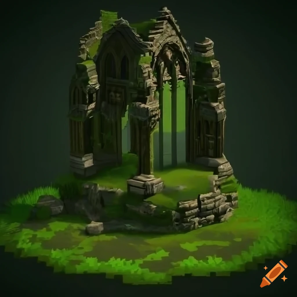 A moss-covered stone ruins in a fantasy rpg game forest fantasy grass ...