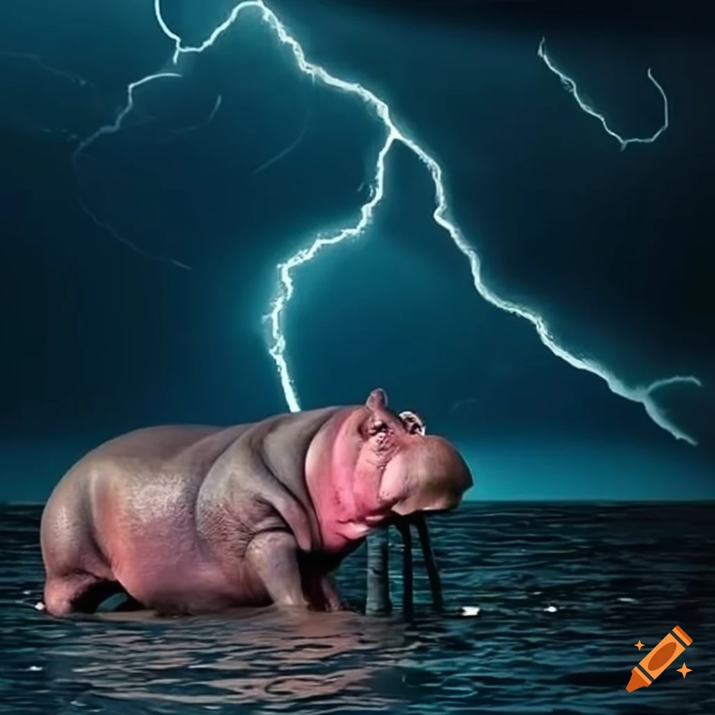 Hippo on a ladder with storm