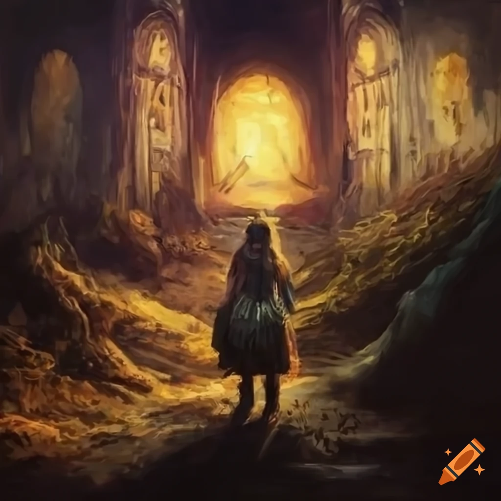 Pilgrim travelling on lone roadmtg fantasy art on Craiyon