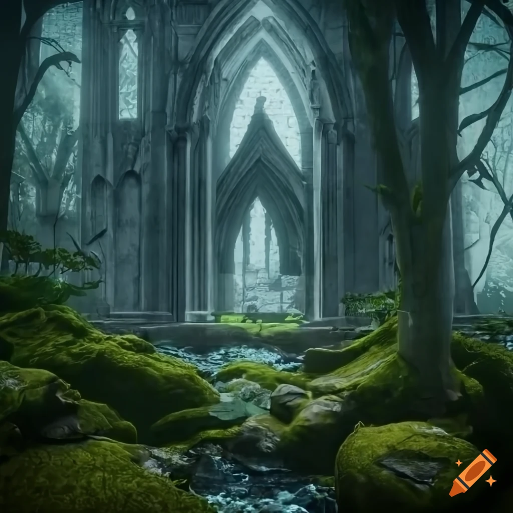 A mystic cathedral made of stone overgrown with moss with flowing water ...