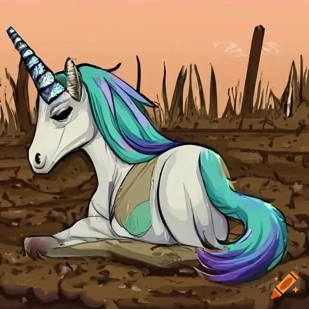 Realistic Anime Styled Tired Unicorn Foal Struggling To Get Out Of The realistic-anime-styled-tired-unicorn-foal-struggling-to-get-out-of-the