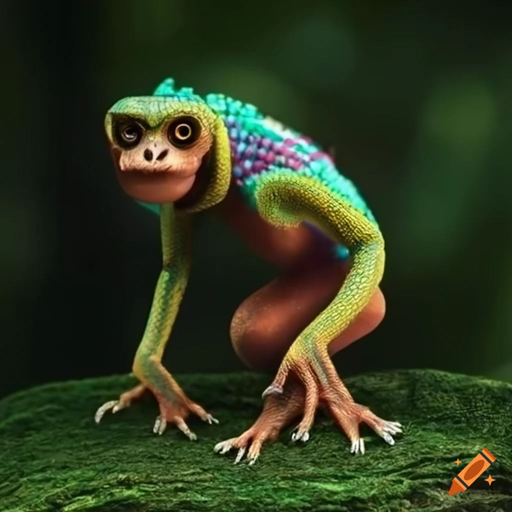 A tree-dwelling whimsical striped hybrid creature inspired in both monkeys and lizards on Craiyon