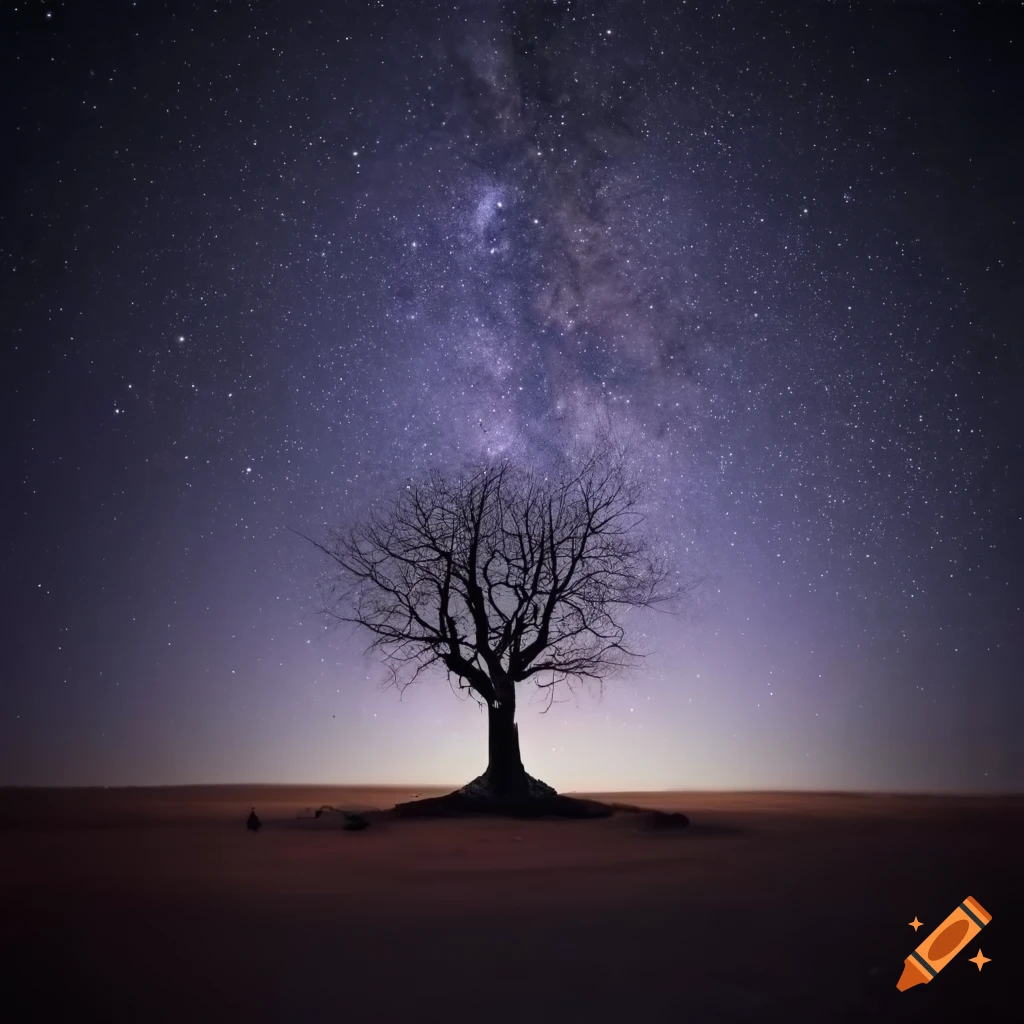 Single barren tree in a desolate landscape in the dark under star ...