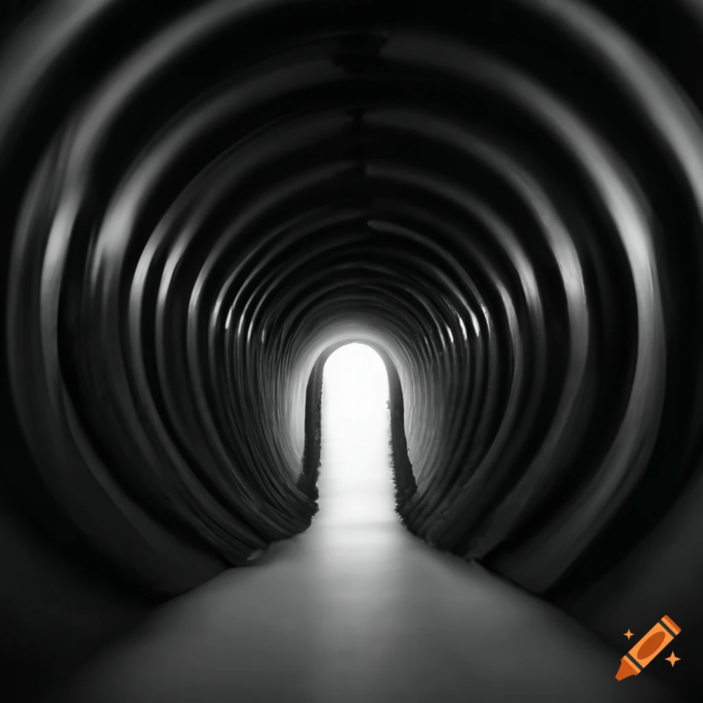 Black and white photo of paved tunnel with light at the end on Craiyon