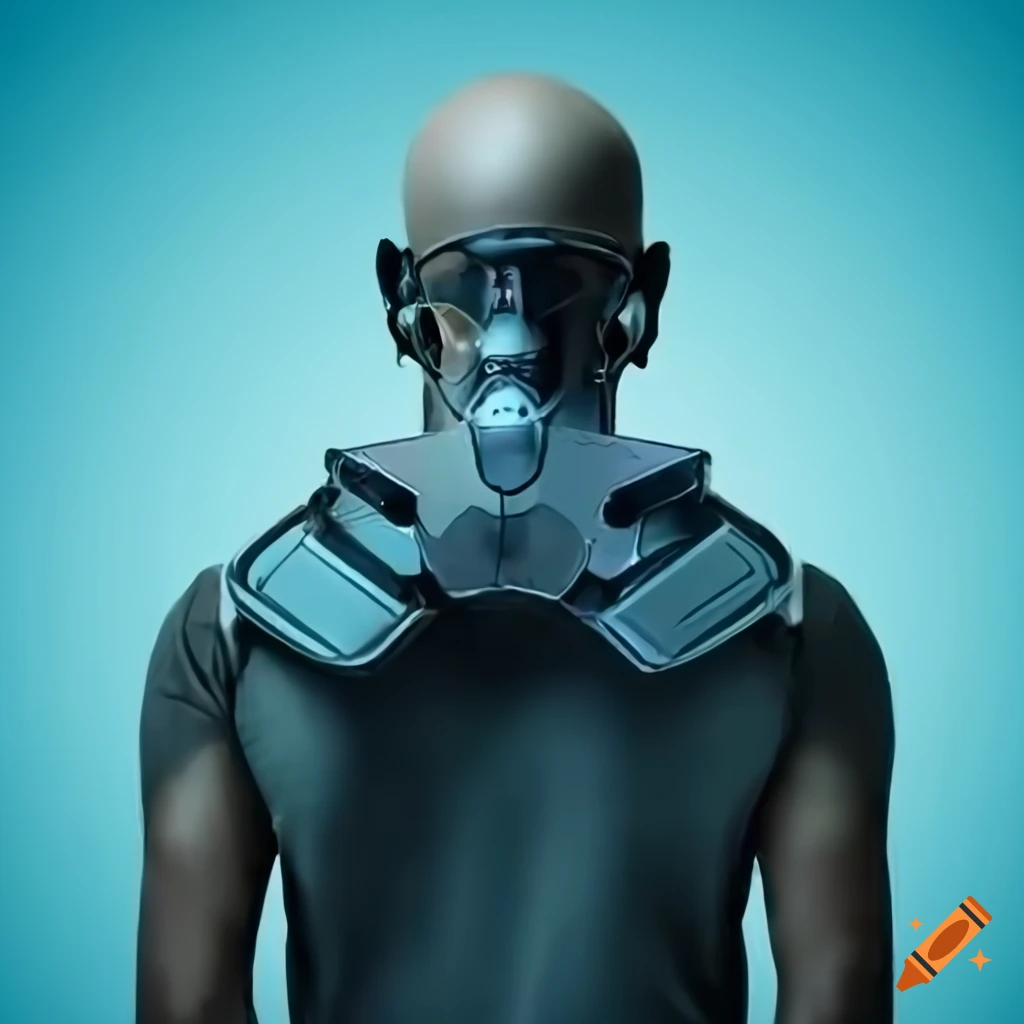 A bald black man with a futuristic breathing mask looking forward, seen ...
