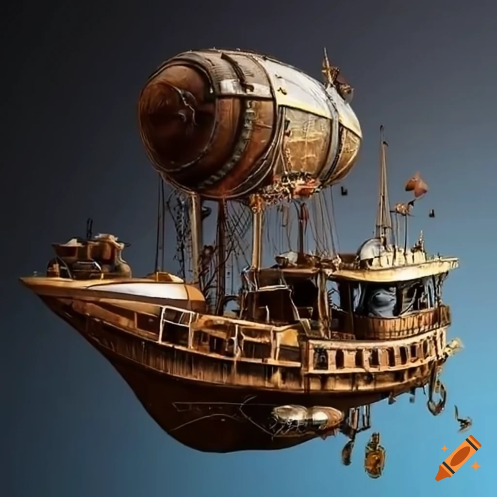 Steampunk space craft passing a dirigible made from boat parts